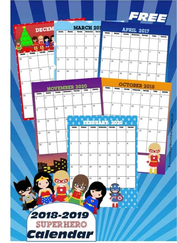 FREE Printable Girl Superhero Calendar 2026