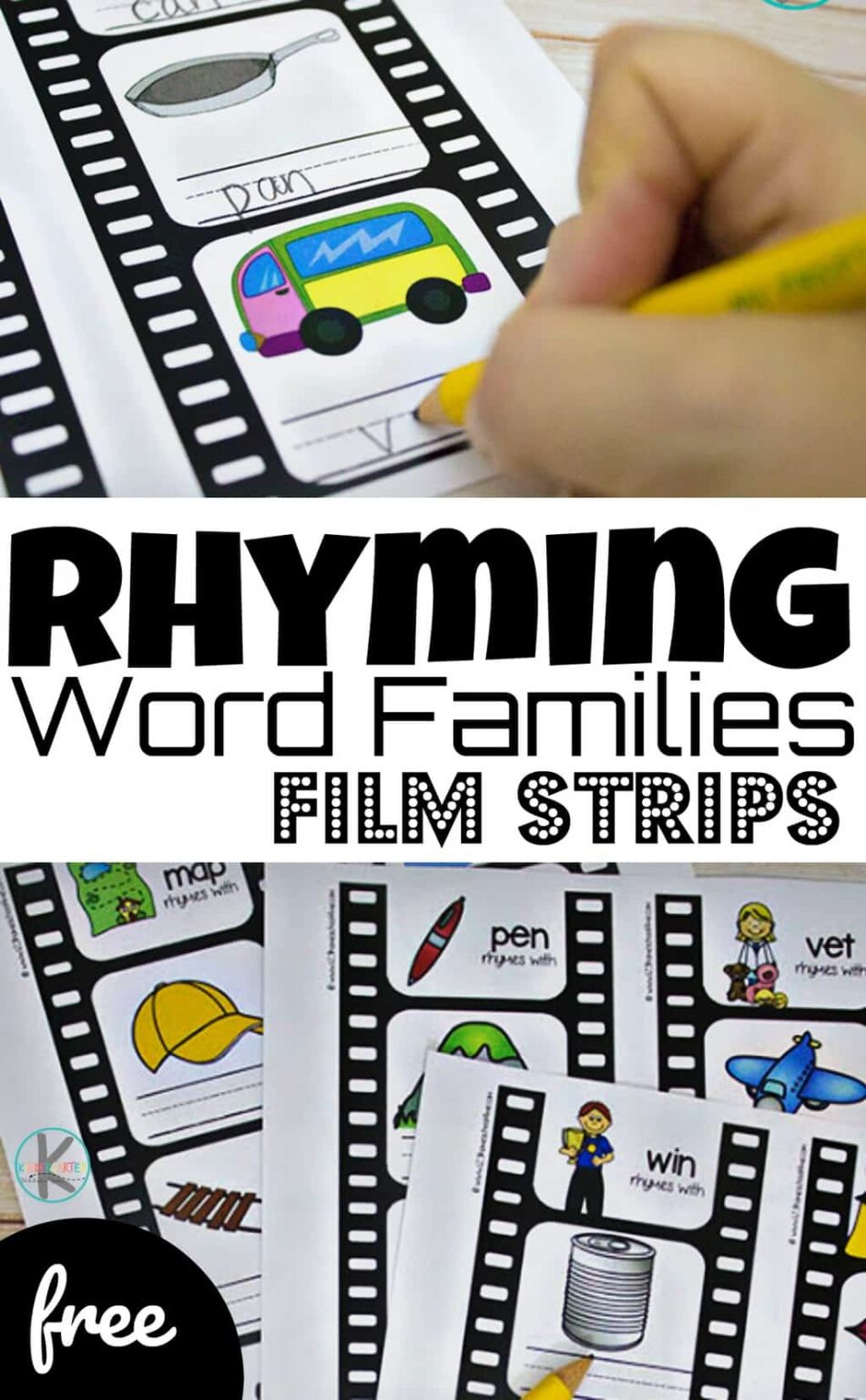 FREE Printable Rhyming Word Families Film Strips for Kindergarten