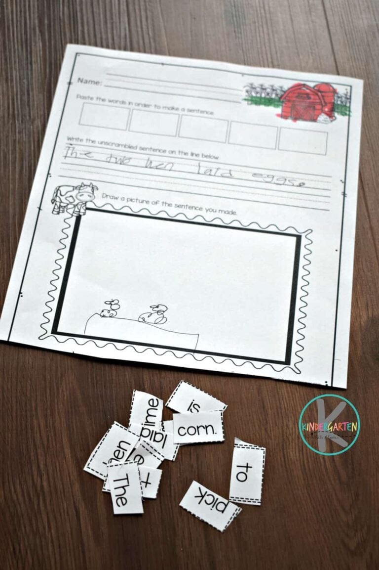🚜 Farm Cut-and-Paste Simple Sentences for Kindergarten Worksheet