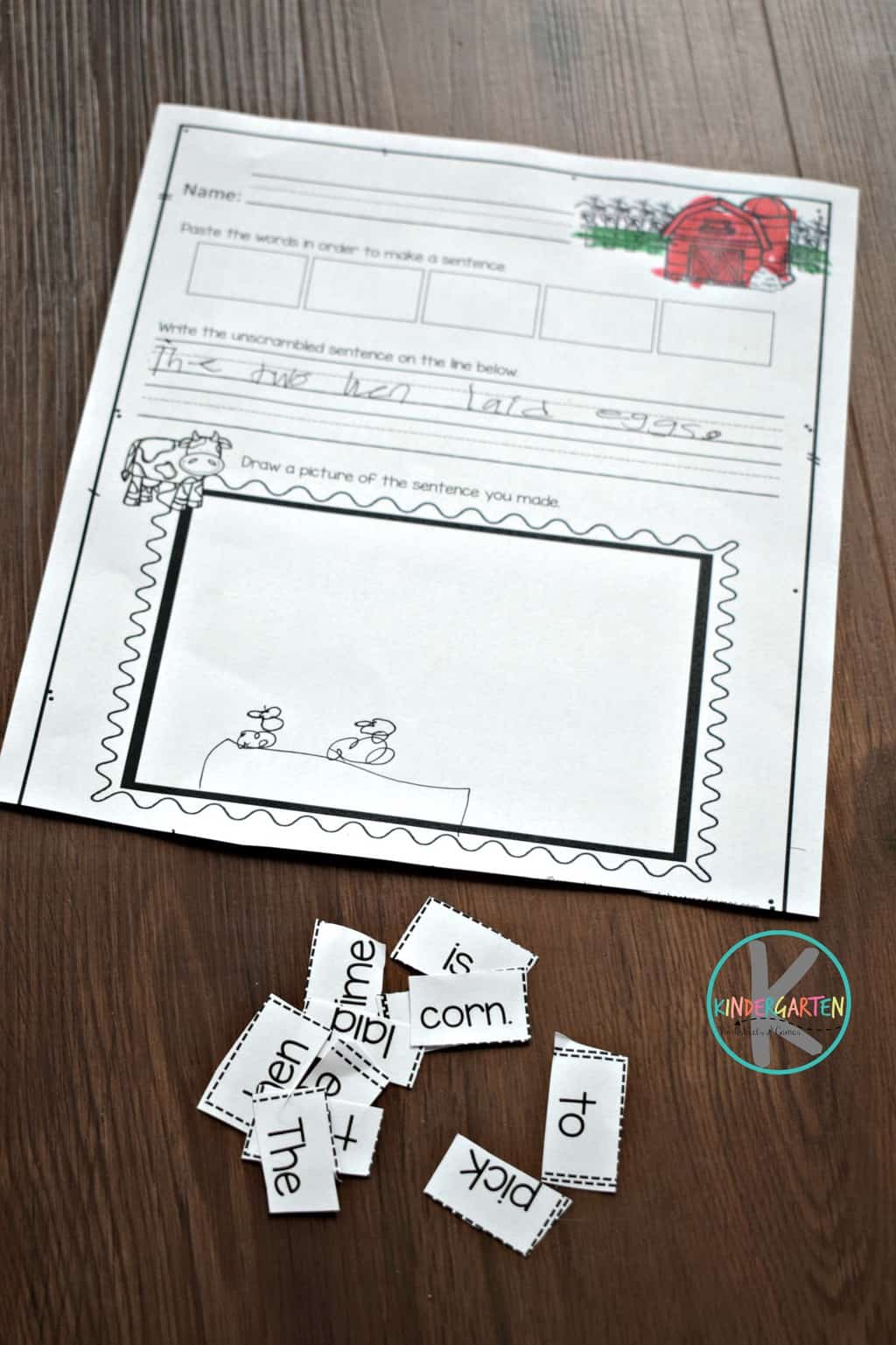 🚜 Farm Cut-and-Paste Simple Sentences for Kindergarten Worksheet