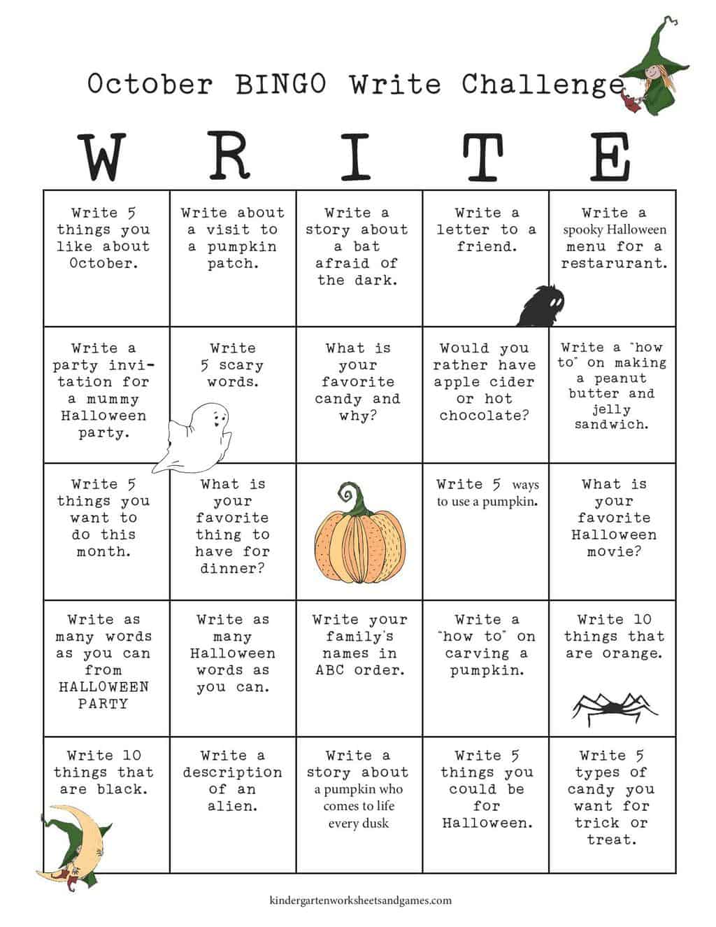👻 October BINGO Write Challenge - Halloween Writing Prompts for Kids