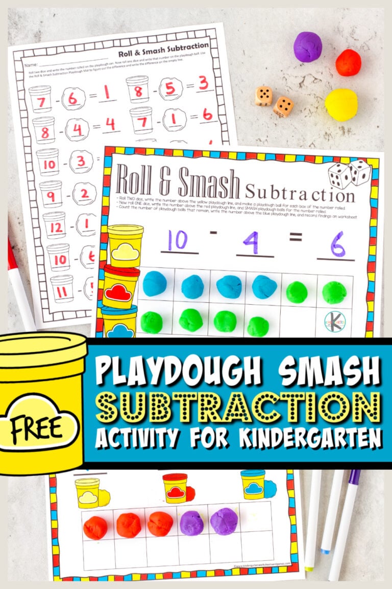 Roll & Smash Subtraction Playdough Activity for Kindergarten