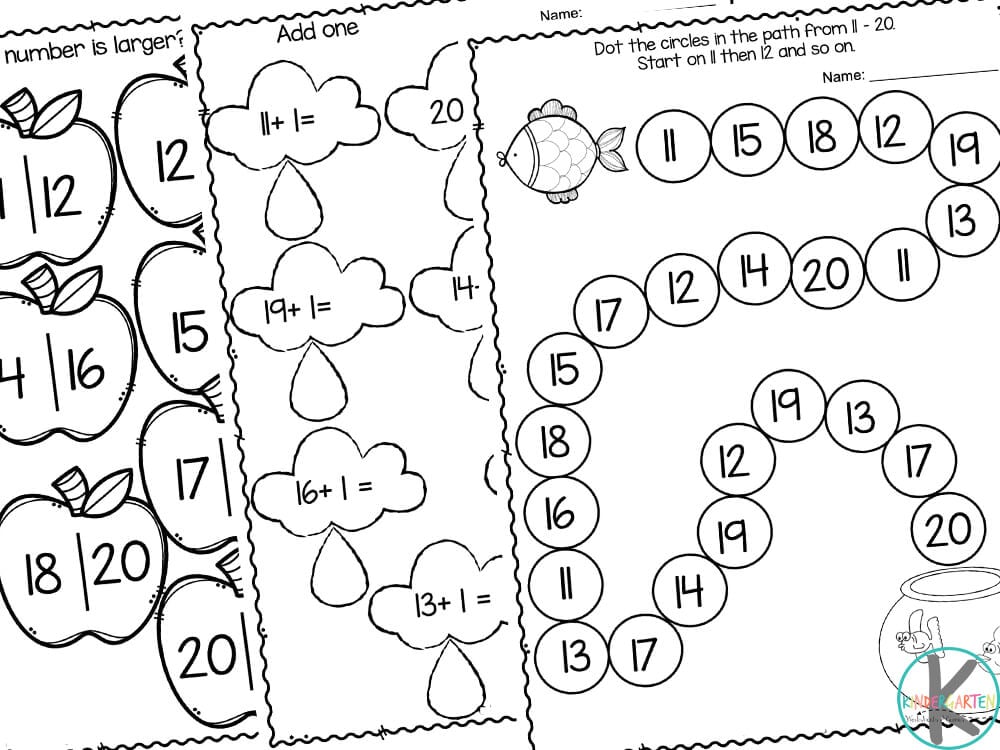 FREE Kindergarten Teen Numbers 11-20 Worksheets