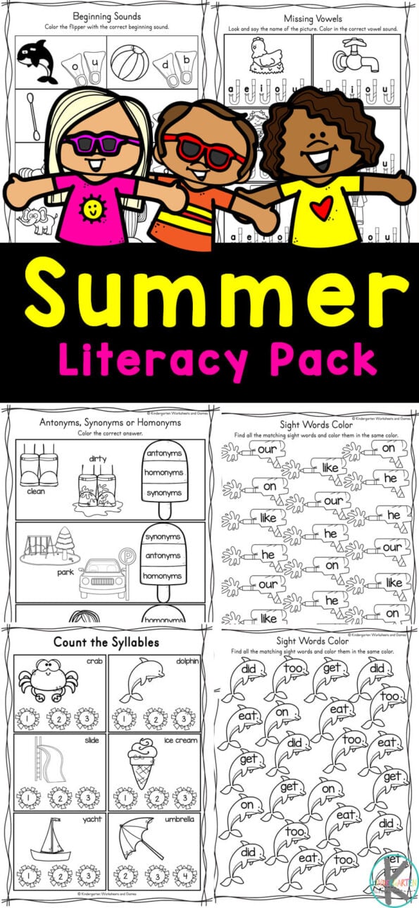 😎 FREE Printable Kindergarten Summer Literacy Worksheets