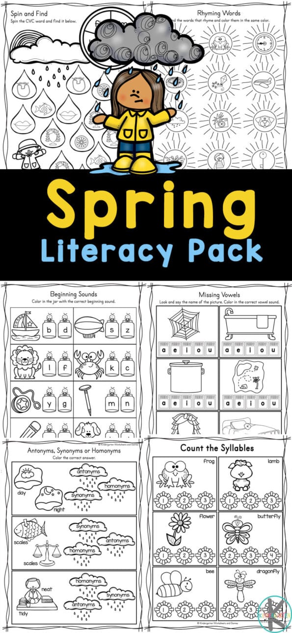 ☔🌷 FREE Printable Kindergarten Spring Literacy Worksheets