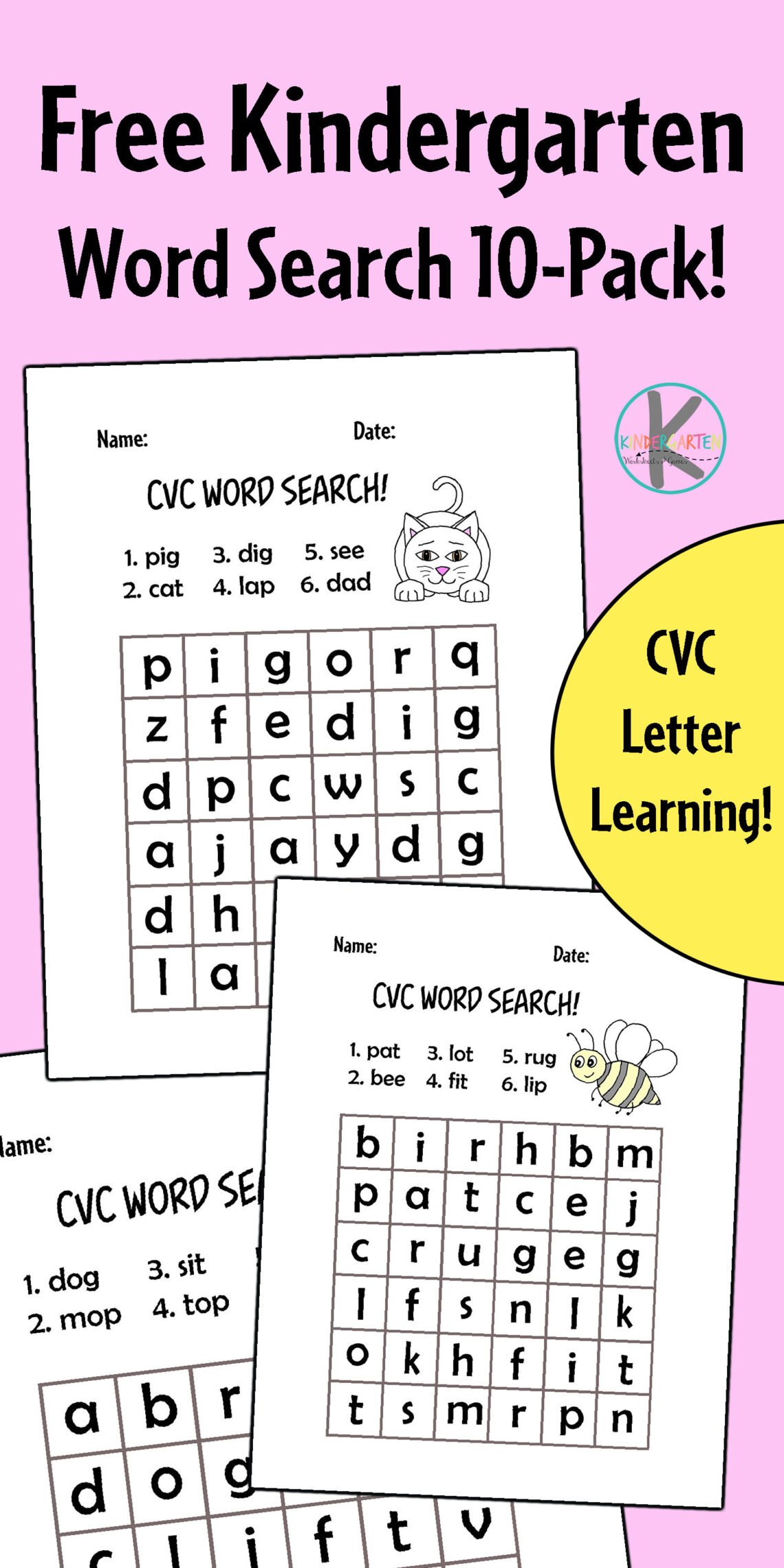 FREE Printable CVC Word Puzzles Activity for Kindergarten
