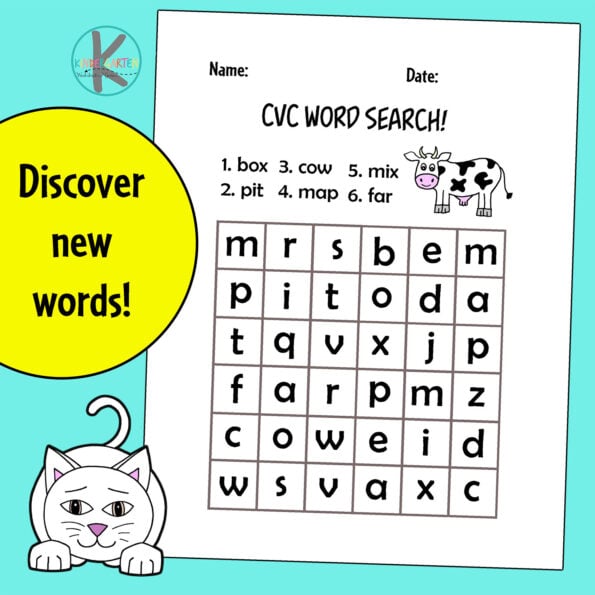 FREE Printable Kindergarten CVC Word Search Worksheets