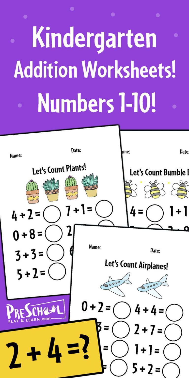 FREE Printable Kindergarten Addition Worksheets Numbers 1-10