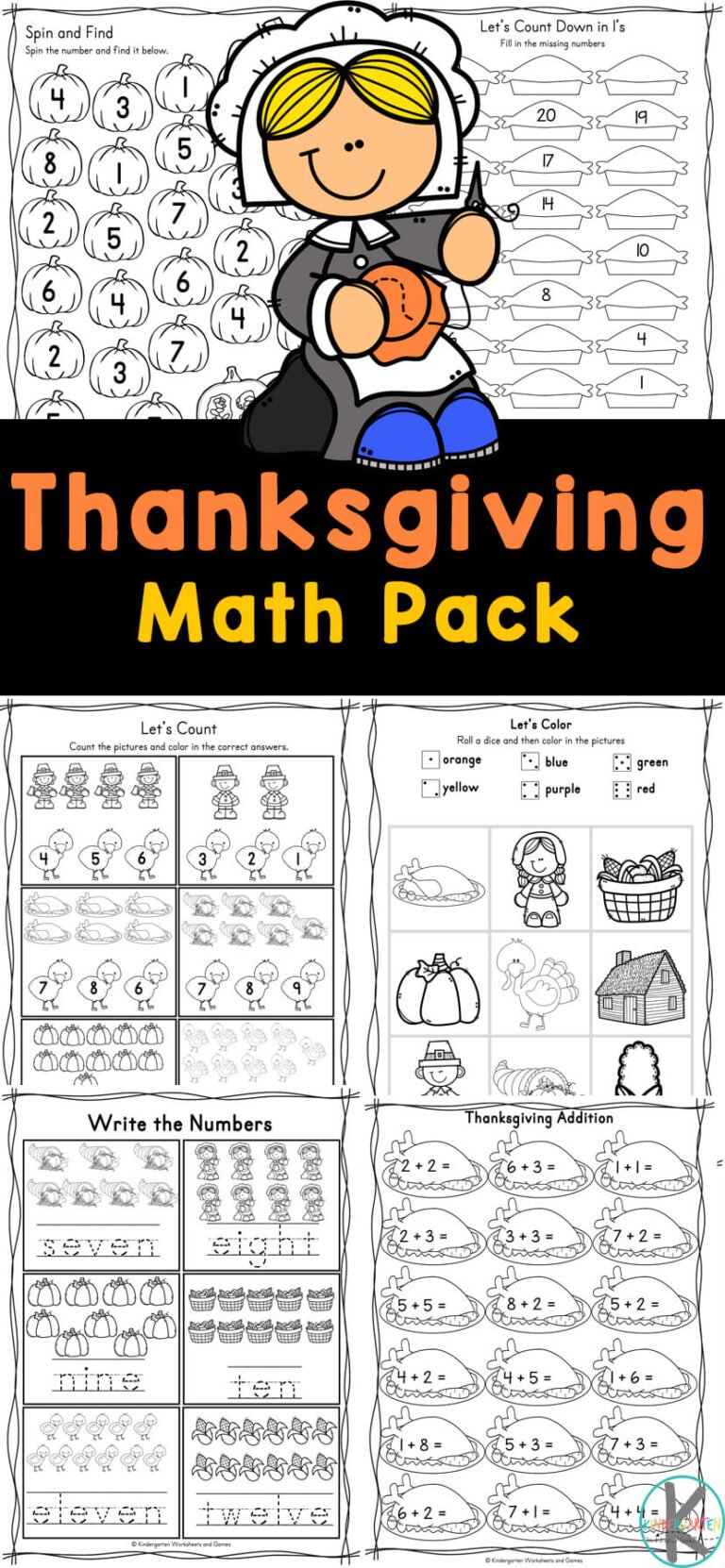 FREE Printable Kindergarten Thanksgiving Math Worksheets