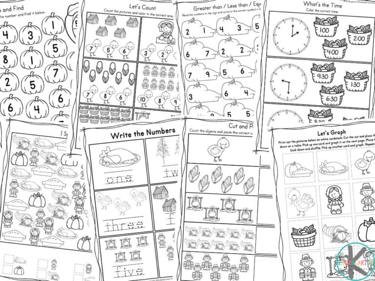 FREE Printable Kindergarten Thanksgiving Math Worksheets