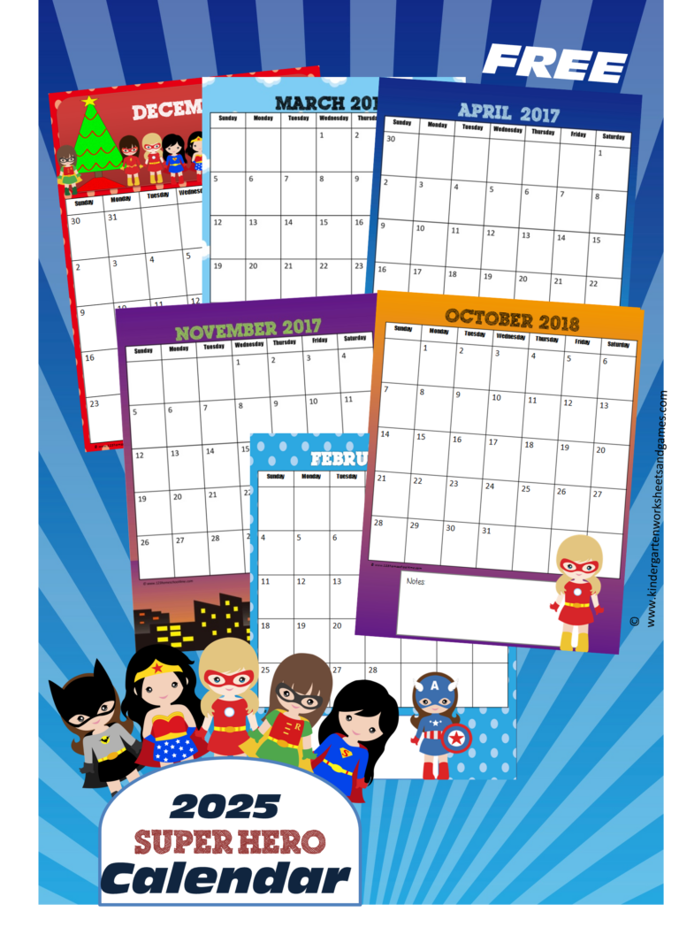 FREE Printable Girl Superhero Calendar 2025