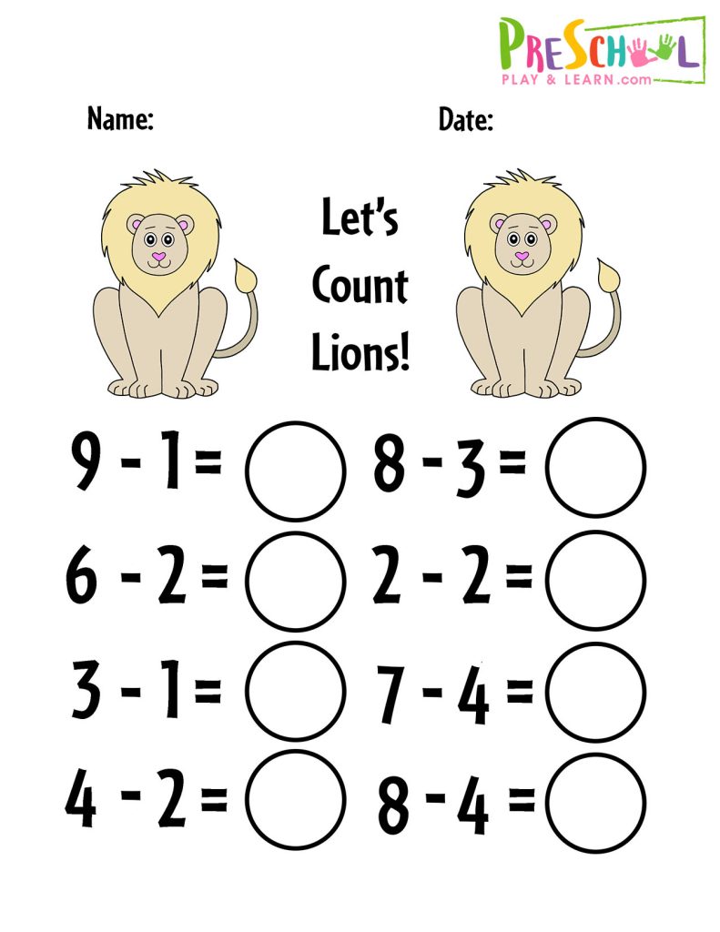 FREE Kindergarten Subtraction Worksheets Numbers 1-10