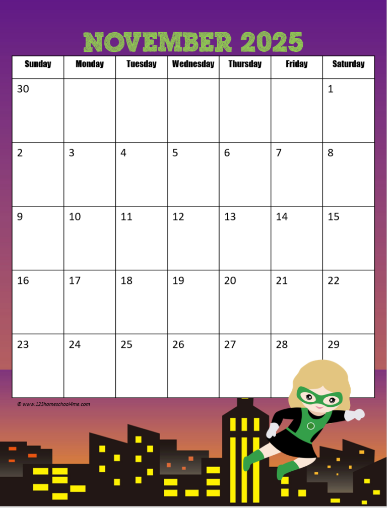 FREE Printable Girl Superhero Calendar 2026