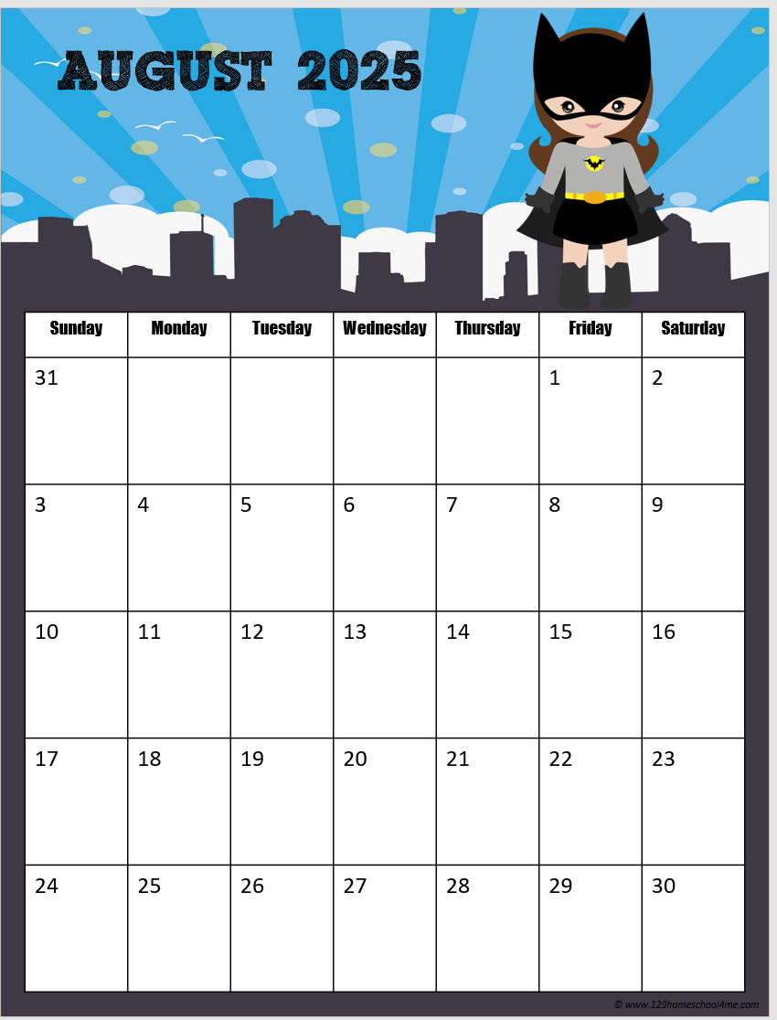 FREE Printable Girl Superhero Calendar 2026