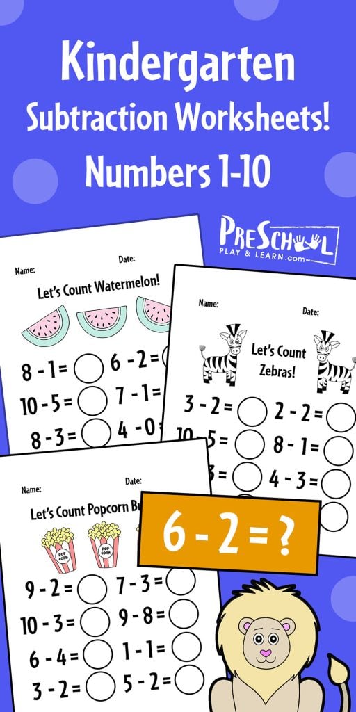 FREE Kindergarten Subtraction Worksheets Numbers 1-10