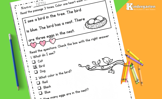FREE Printable Kindergarten Reading Comprehension Worksheets