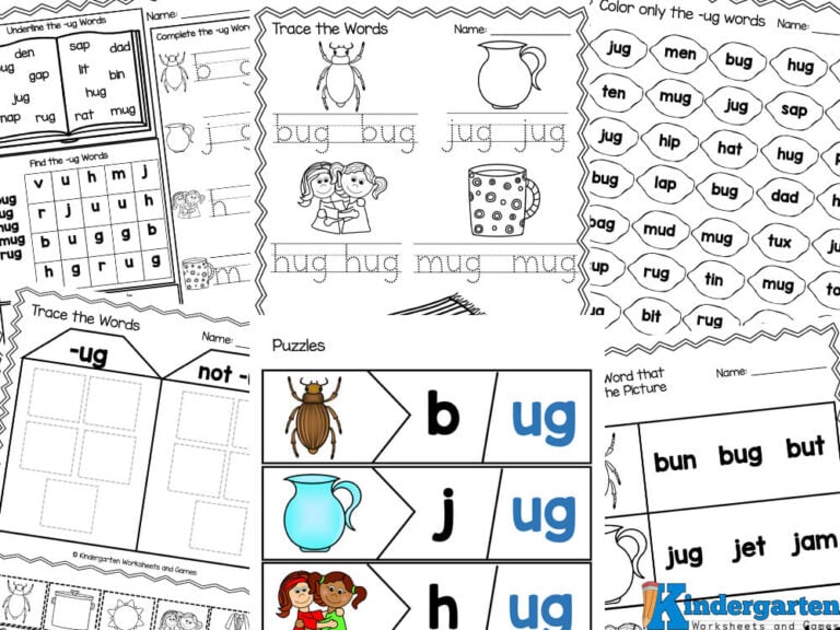 FREE Printable -ug Word Family Worksheets for Kindergarten
