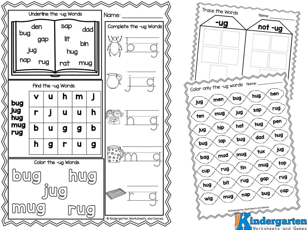 FREE Printable -ug Word Family Worksheets for Kindergarten