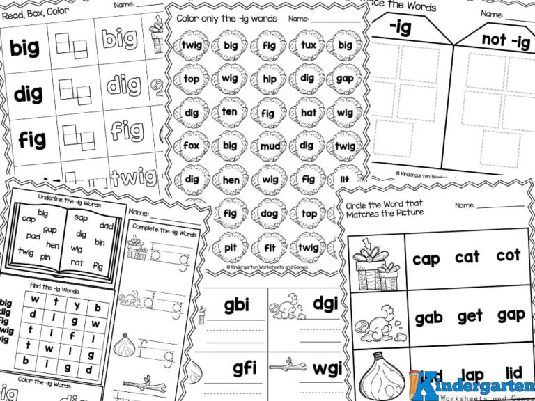 FREE Printable -ig Word Family Worksheets for Kindergarten