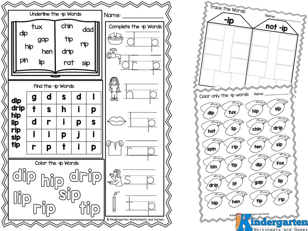 FREE -ip Word Family Worksheets for Kindergarten