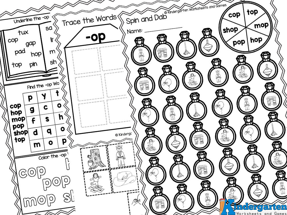 FREE -op Word Family Worksheets for Kindegrarten