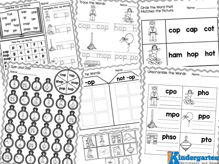FREE -op Word Family Worksheets for Kindegrarten