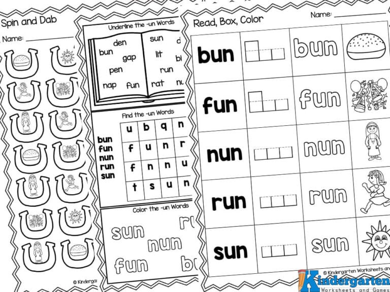 FREE Printable -un Word Family Worksheets for Kindergarten