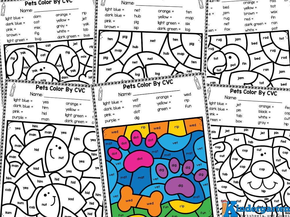 FREE Pet Animal Color by CVC Words Worksheets