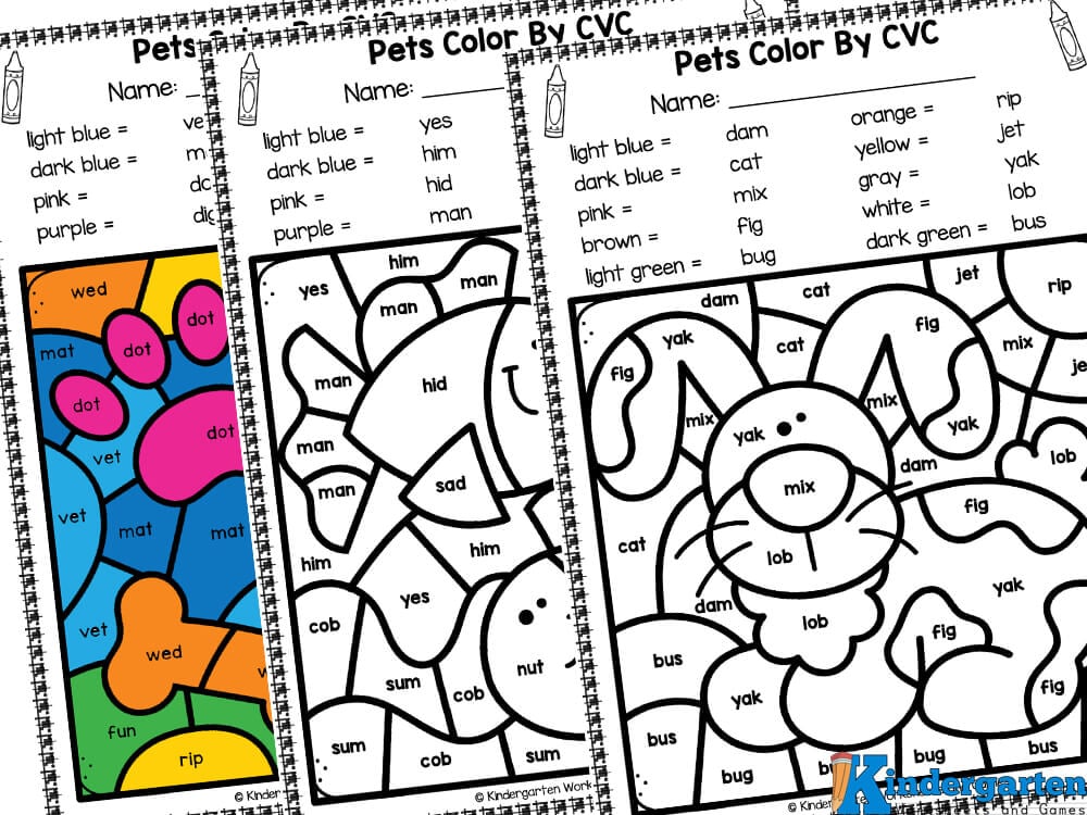 FREE Pet Animal Color by CVC Words Worksheets