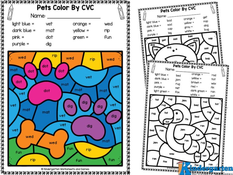 FREE Pet Animal Color by CVC Words Worksheets