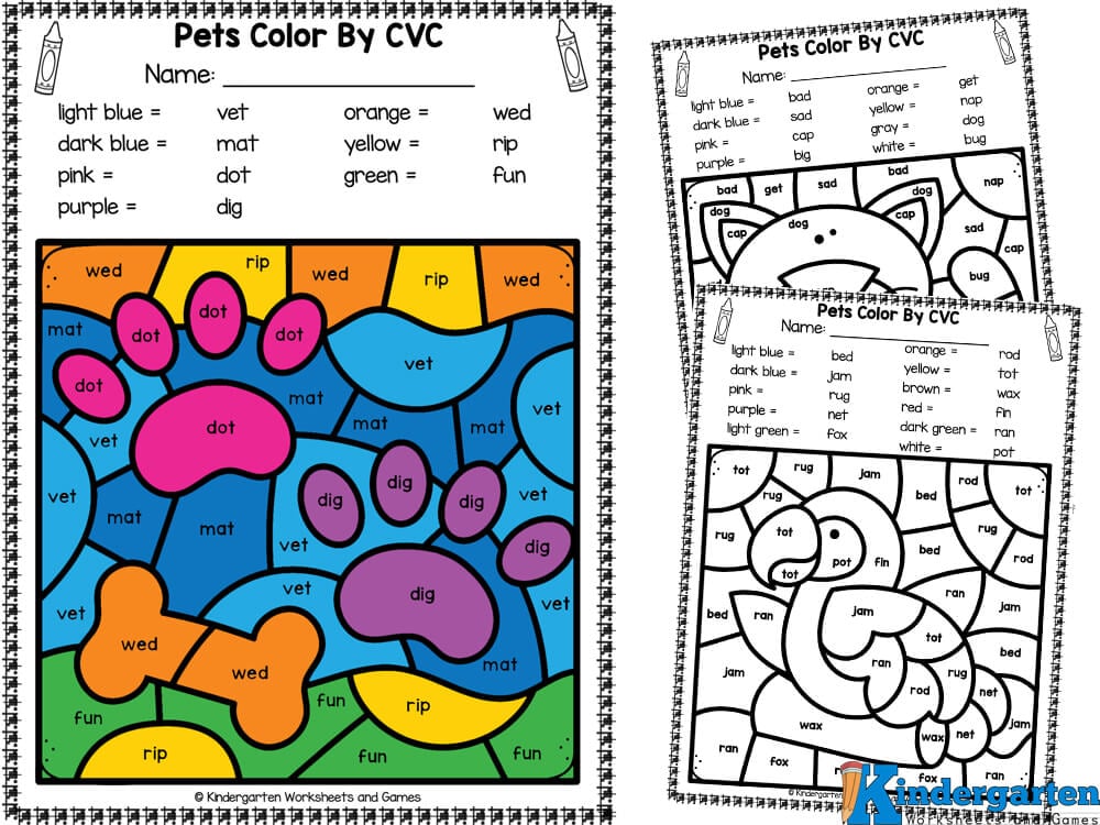 FREE Pet Animal Color by CVC Words Worksheets