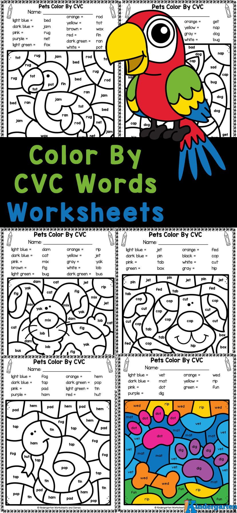 FREE Pet Animal Color by CVC Words Worksheets