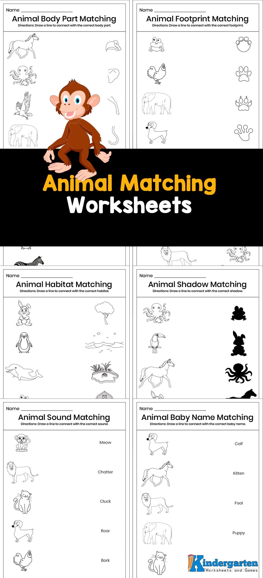 FREE Matching Animals Worksheets for Kindergarten