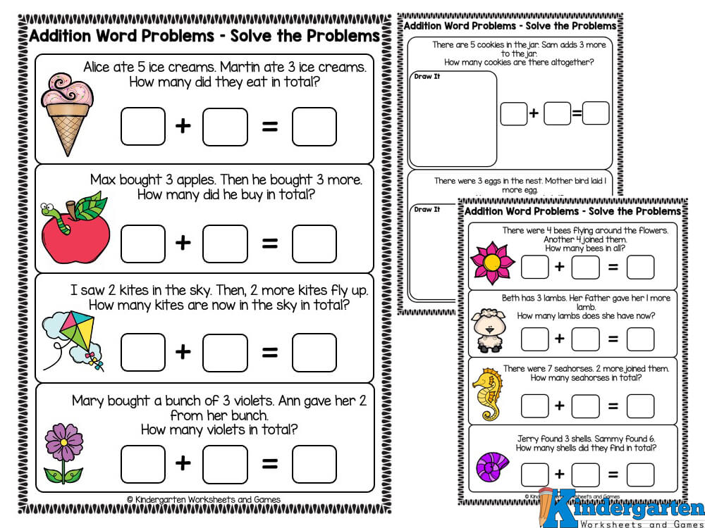 Free Printable Addition Word Problems Math Worksheets for Kindergarten