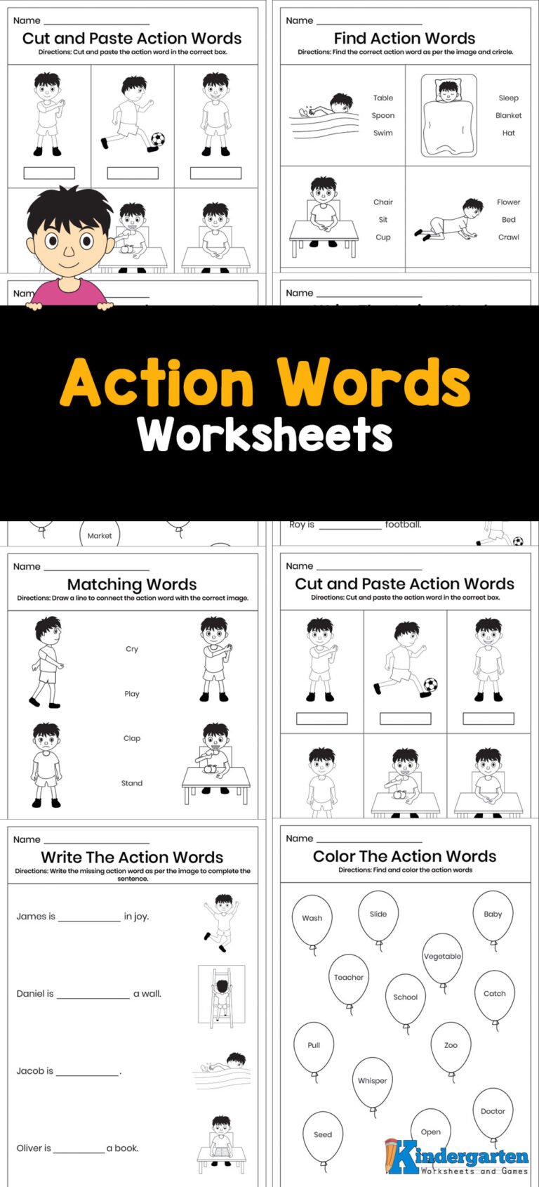 Free Printable Action Words Worksheets for Kindergarten
