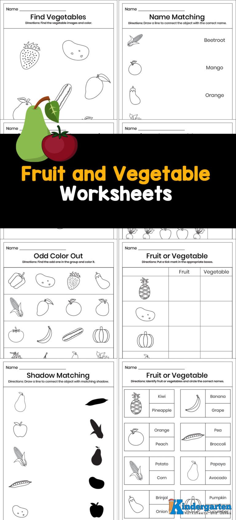 Free Kindergarten Fruits and Vegetables Worksheets