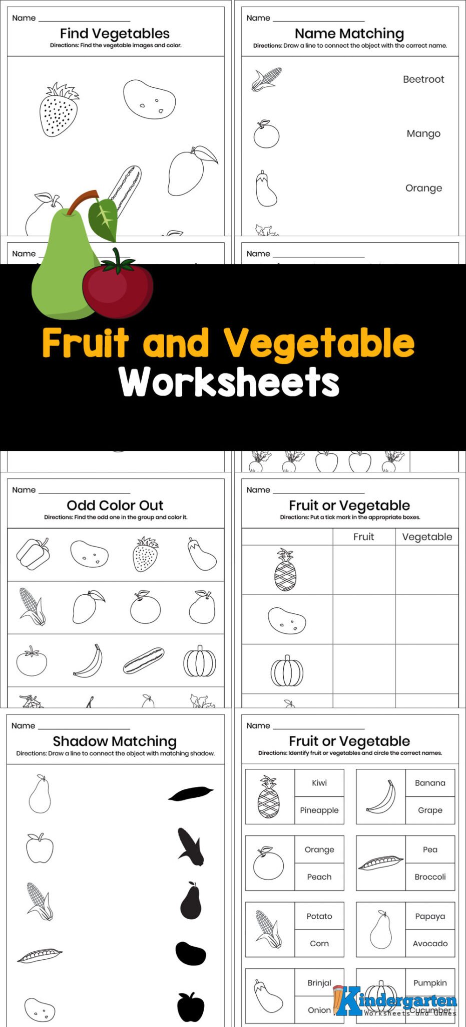 Free Kindergarten Fruits and Vegetables Worksheets
