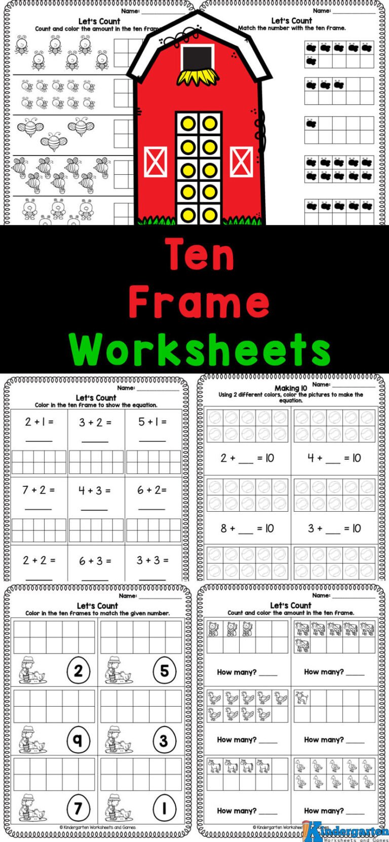 Ten Frame Worksheets - Counting by 10 Printables for Kindergarten Math