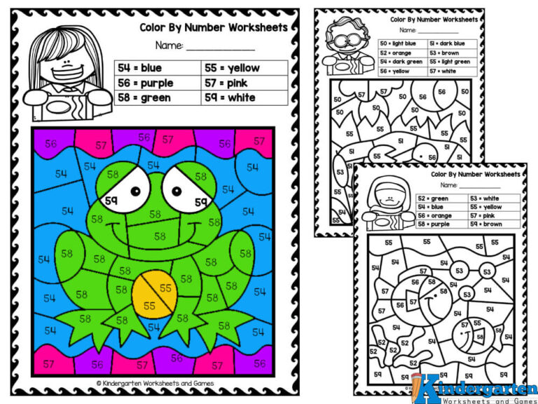🐸 Frog Color by Number Worksheets for Kindergarten 50-59