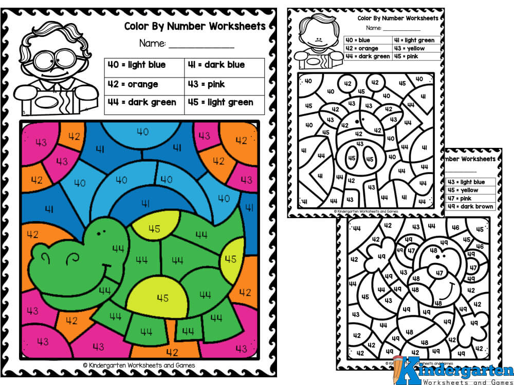 Zoo Animals Color by Number Worksheets for Kindergarten 40-49