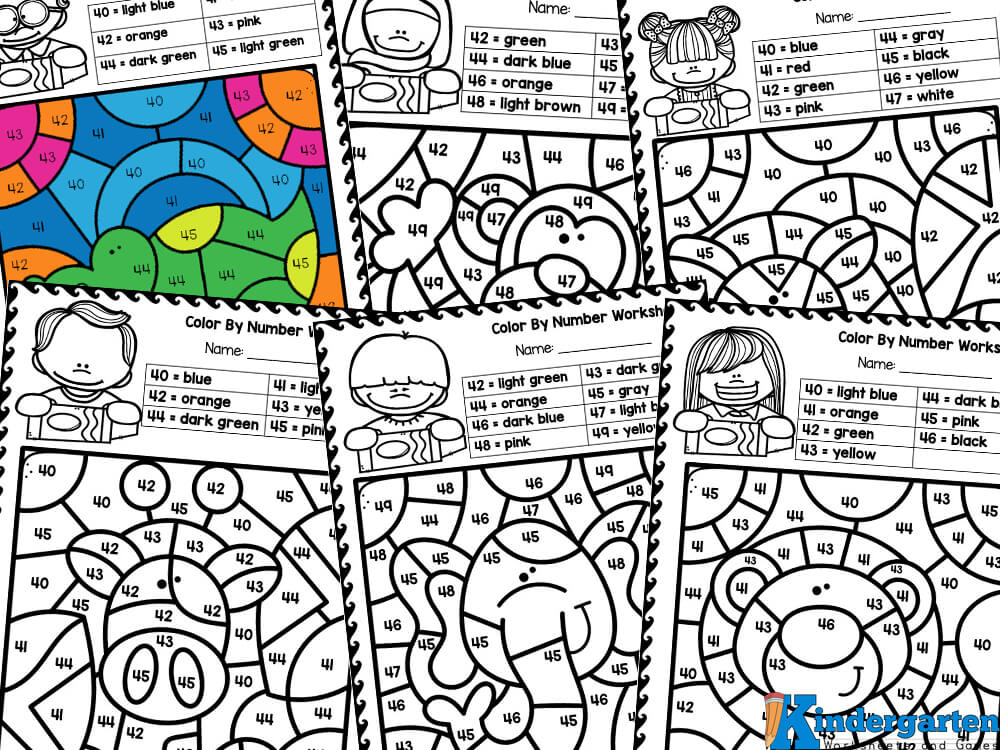 Zoo Animals Color by Number Worksheets for Kindergarten 40-49