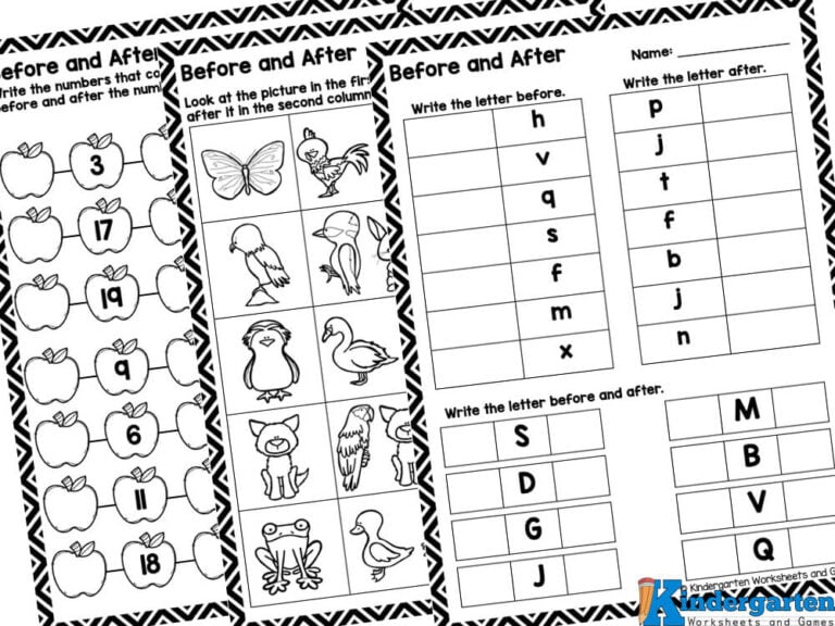 Before and After Worksheets for Kindergarten - Numbers, Letters, & More!