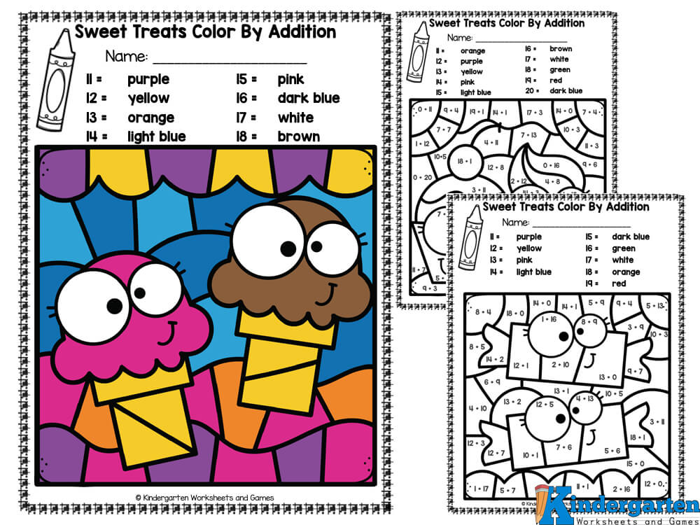 Sweet Treats Color by Addition to 20 Worksheets