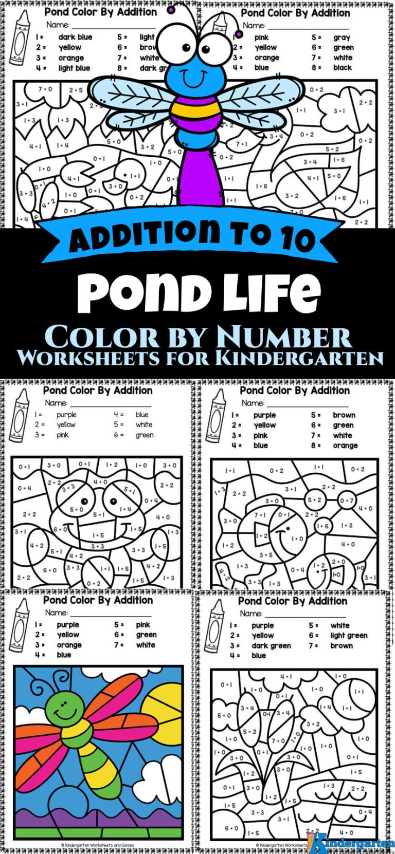 Pond Life Colour by Number Addition to 10 Worksheets
