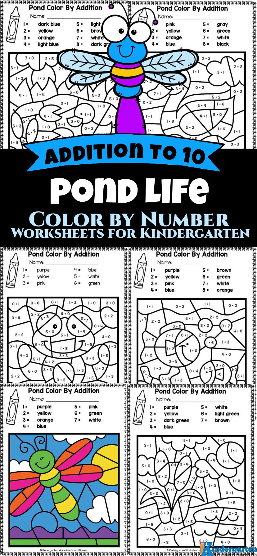 Pond Life Colour by Number Addition to 10 Worksheets
