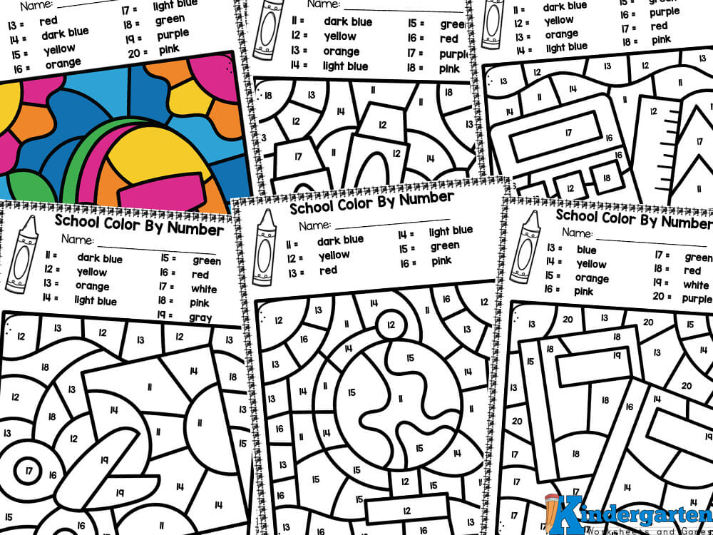 School Supplies Color By Numbers Worksheets for Kindergarten - 11-20