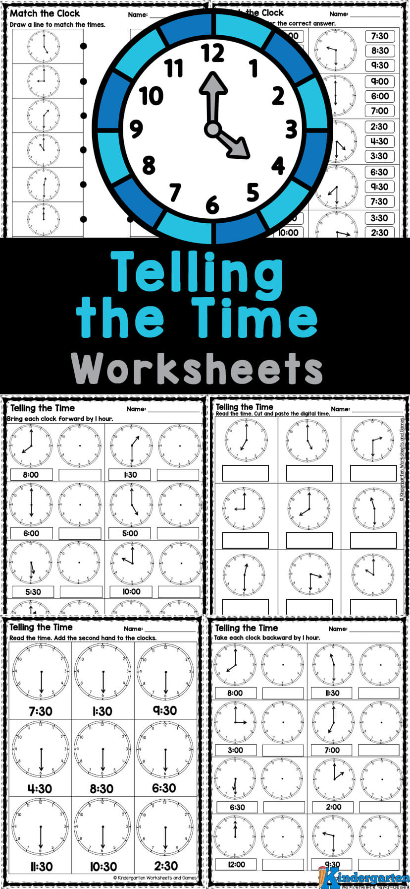 ⌚ Kindergarten Clock Worksheets - Telling Time to the Hour and Half Hour