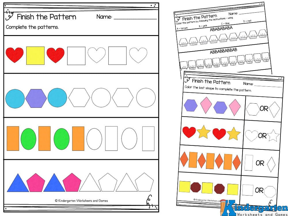 Shape Pattern Math Worksheets for Kindergarten