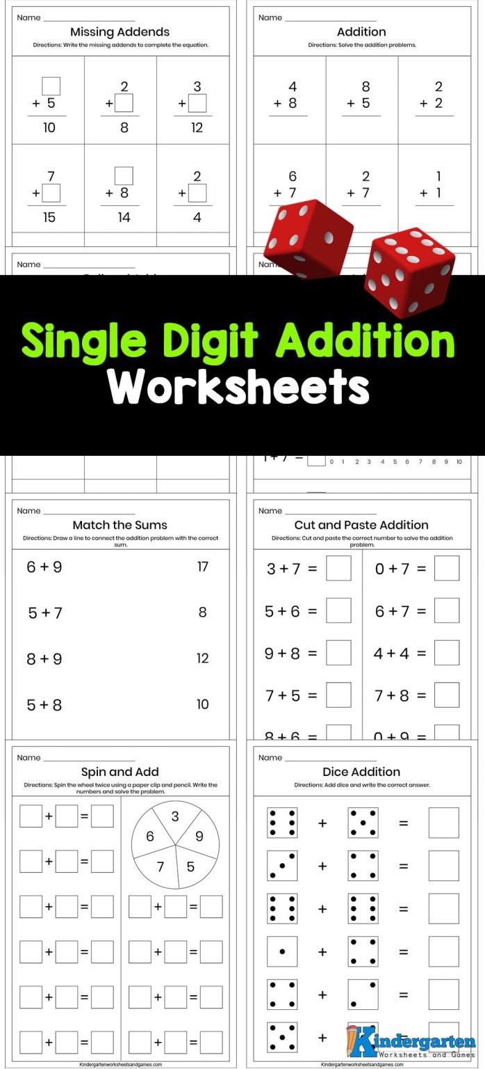 Kindergarten Single Digit Addition Worksheets (Addition to 10)