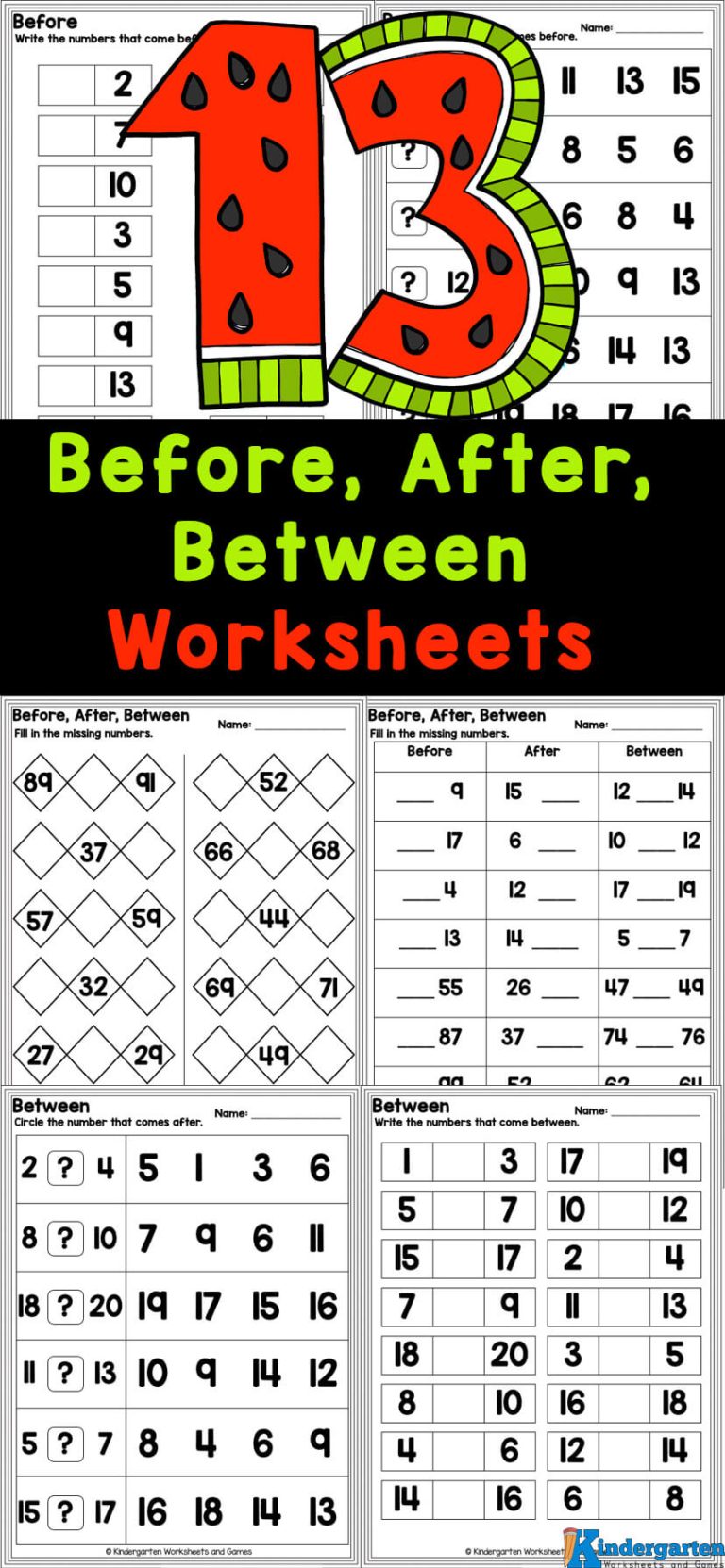 ️ Before, After and Between Worksheets for Kindergarten - FREE (options ...